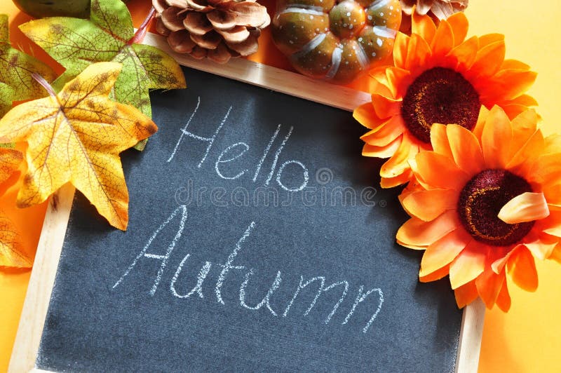 Hello Autumn Write on the Board between Autumn Decorations Stock Image ...