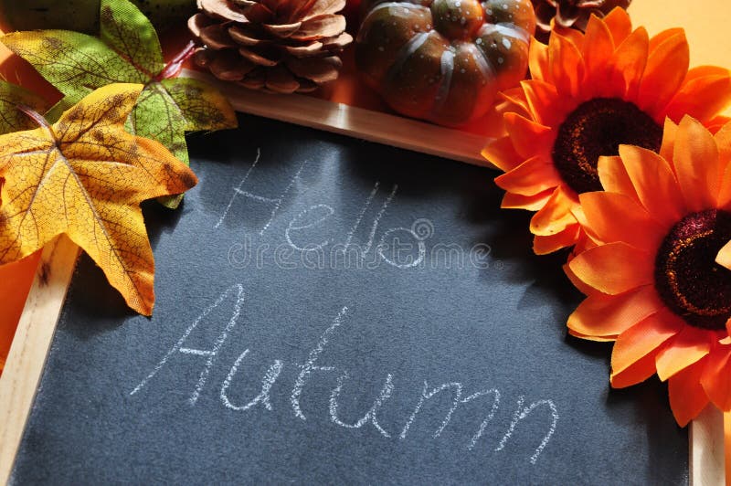 Hello Autumn Write on the Board between Sunflowers, Pumpkins and Leaves ...
