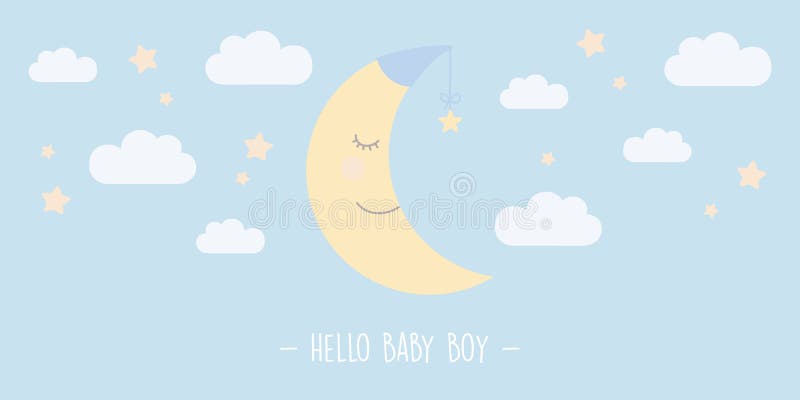 Hello Baby Boy Greeting Card with Cute Moon Stock Vector - Illustration ...