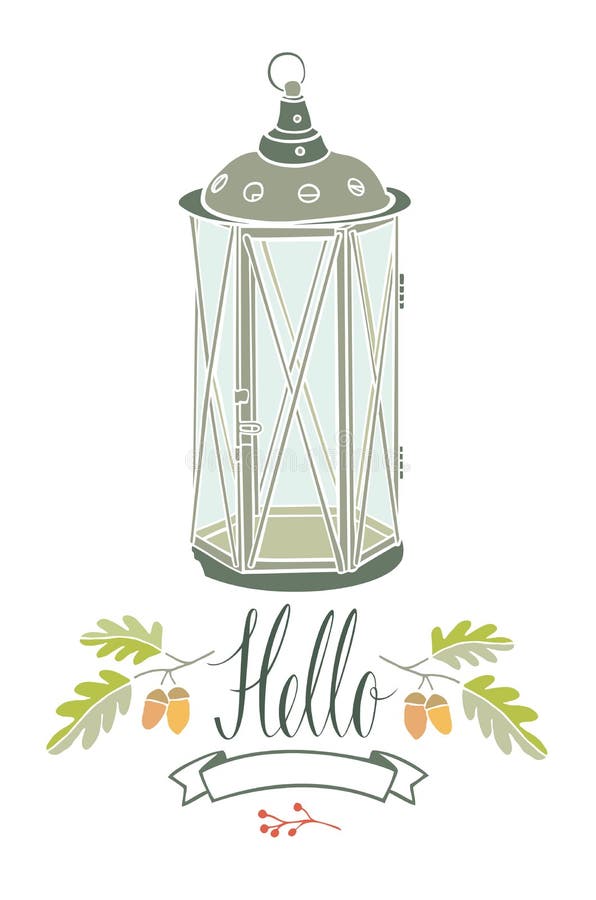 Hello Card with Vintage Lamp and Two Oak Twigs Stock Vector ...