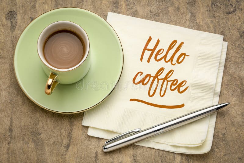 Hello with Coffee Mugs stock image. Image of writing - 25730703