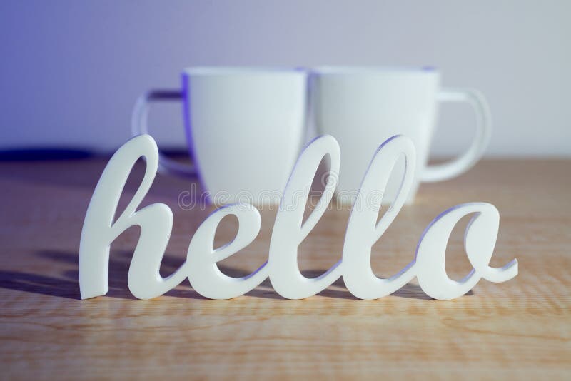 Hello with Coffee Mugs stock image. Image of writing - 25730703
