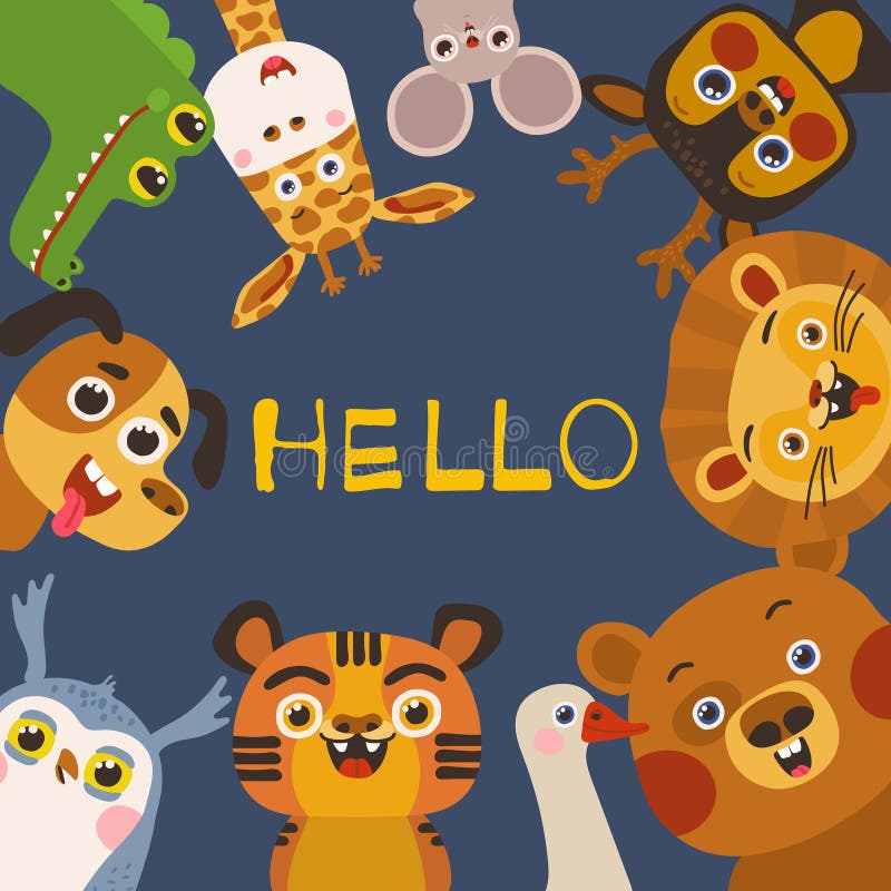 Hello Concept Cute Animals Vector Template Card. Flat Vector Design for ...