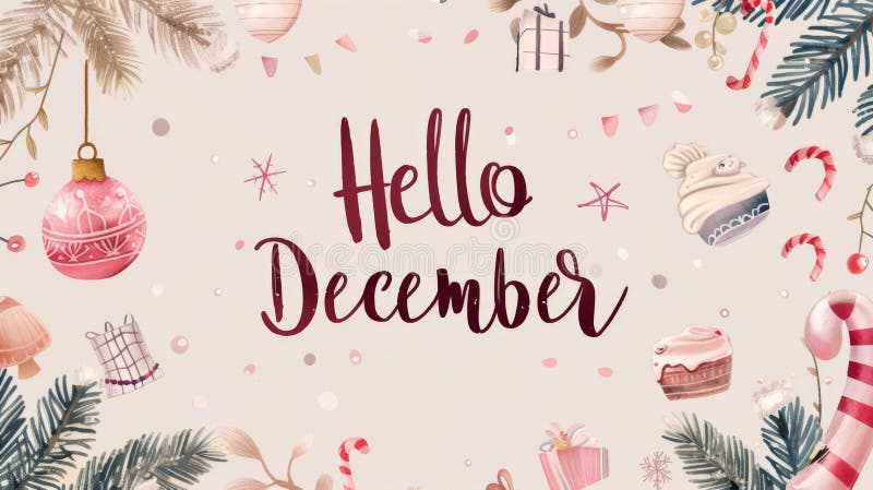 Hello December Text with Festive Decorations, Christmas Concept Stock ...