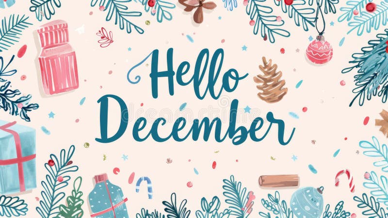 Hello December Text with Festive Decorations, Christmas Concept Stock ...