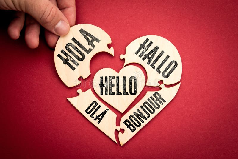 Hello in Different Languages. Wooden Puzzle in the Shape of a Heart on ...