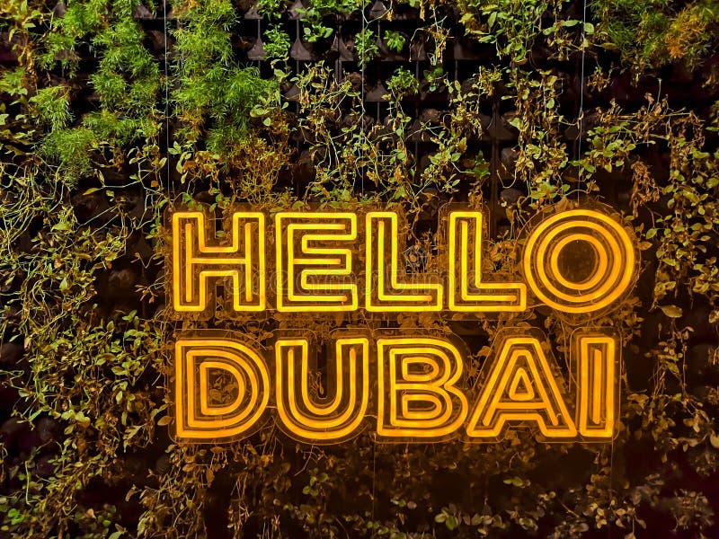 HELLO DUBAI Neon Coole Tekst Die Mensen Welkom Heet in Dubai City Stock ...