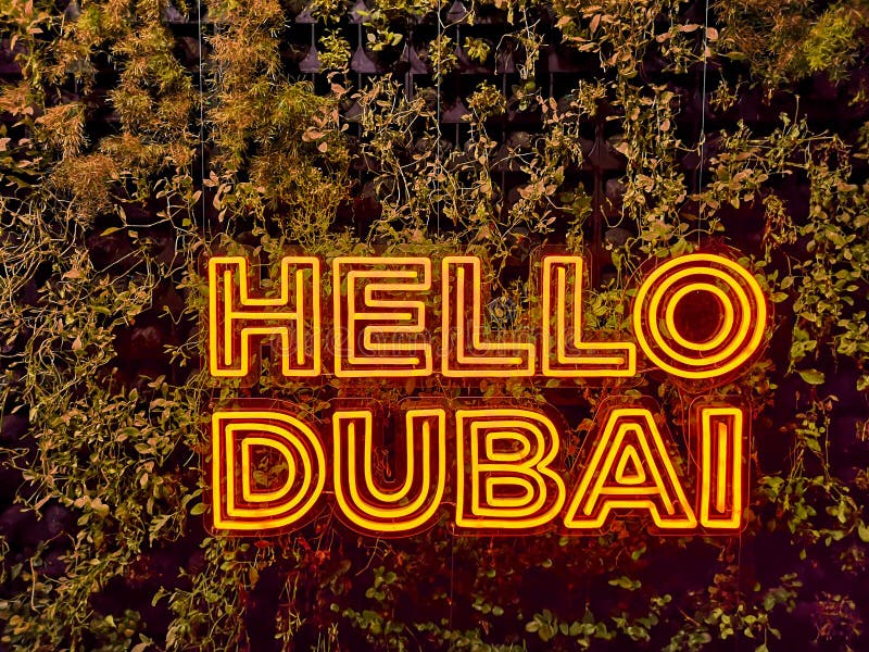 HELLO DUBAI Neon Coole Tekst Die Mensen Welkom Heet in Dubai City Stock ...