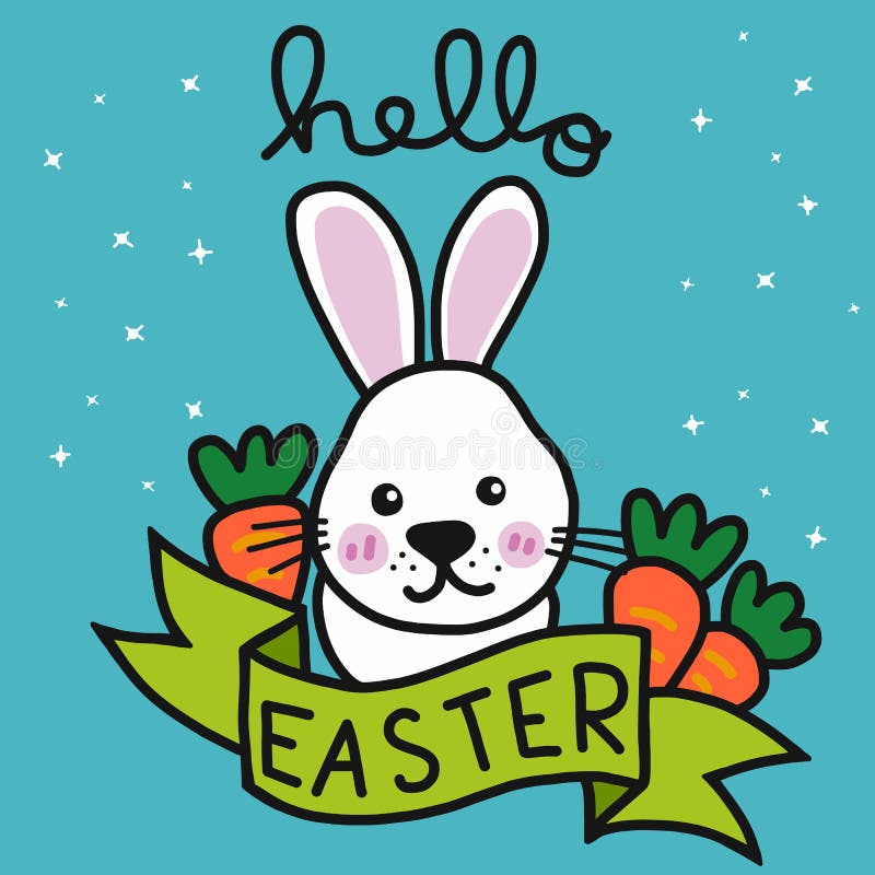 Hello Easter Cute White Rabbit and Carrot Cartoon Vector Illustration ...