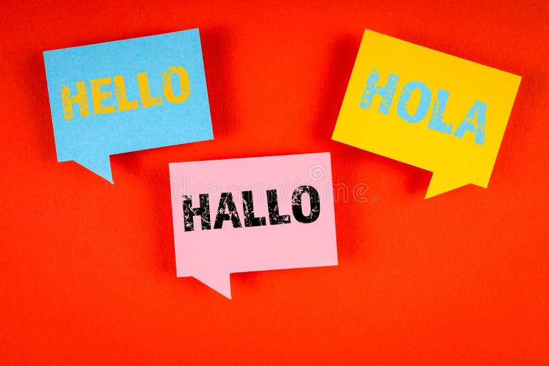 Hello. in English, Spanish and German Stock Photo - Image of greetings ...