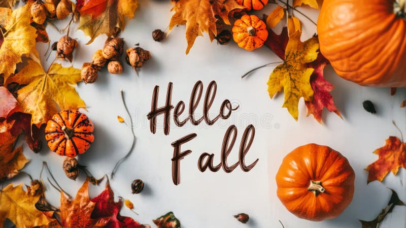 Hello Fall - Autumn Greeting with Pumpkins and Leaves Stock ...
