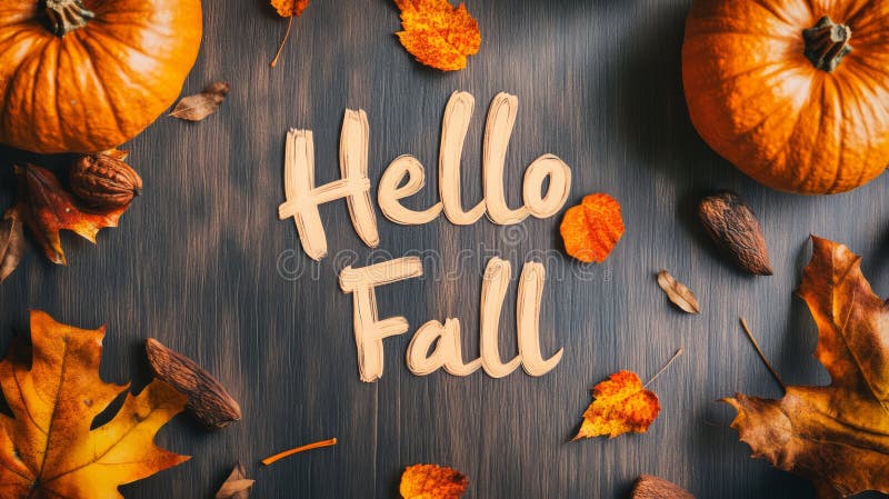 Hello Fall - Autumn Greeting with Pumpkins and Leaves Stock ...