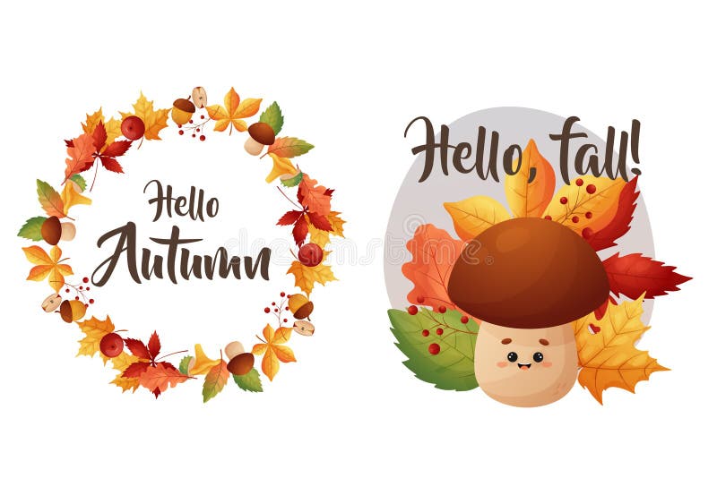 Hello, Fall. Design Elements, Fall Cute Mushroom, Frame with Leaves ...