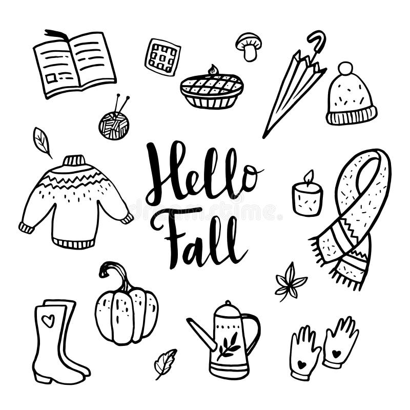 Hello Fall Doodle Set Back Vector on White Stock Vector - Illustration ...