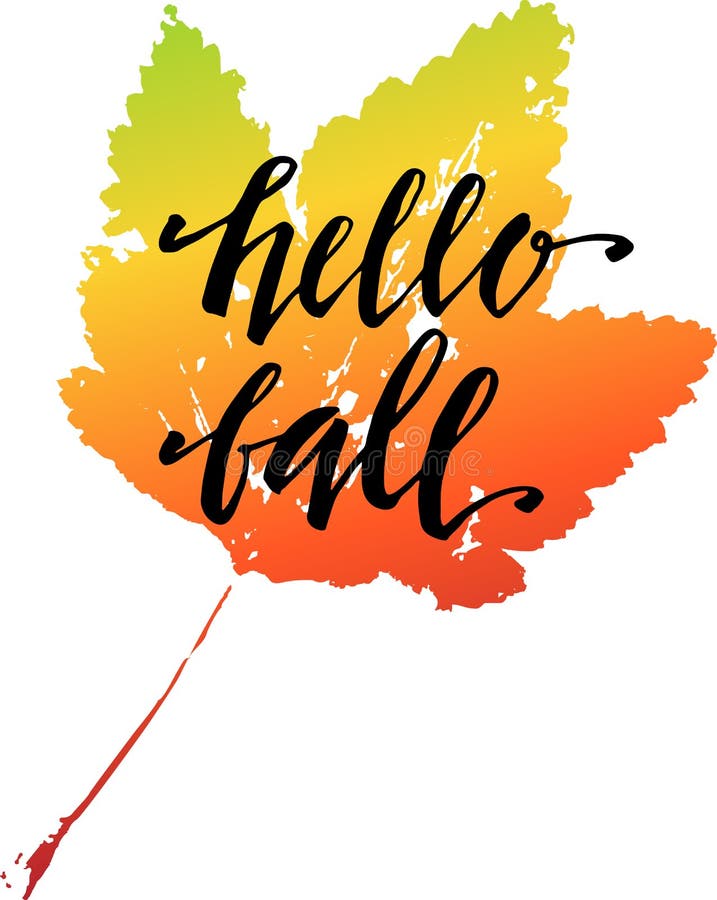 Hello Fall, Hand Written Lettering on Silhouette of Print of Maple Leaf ...