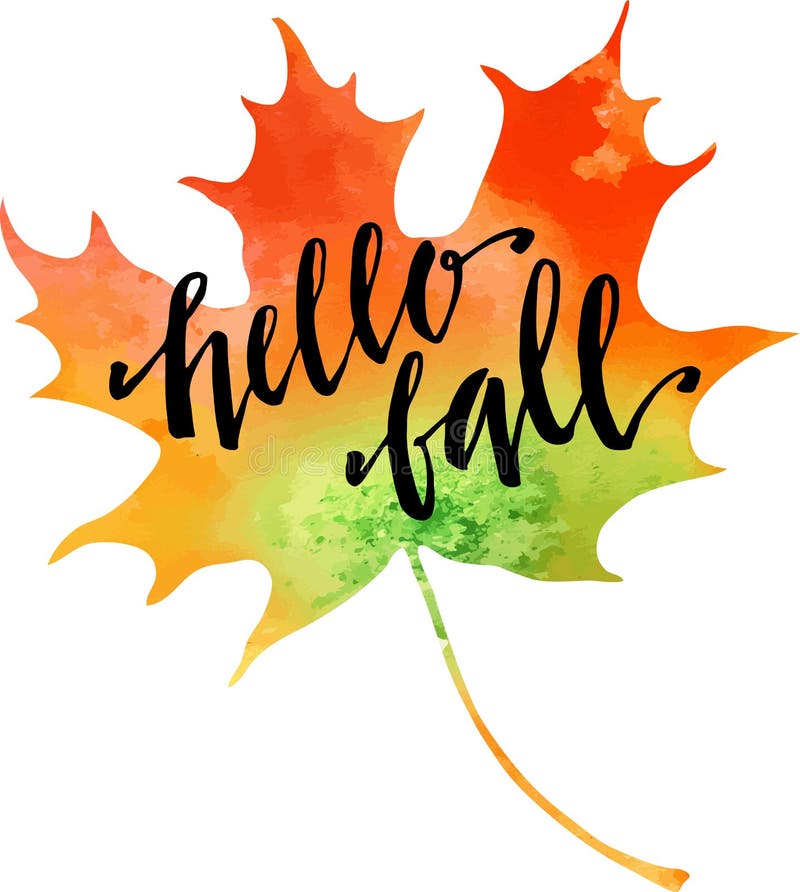 Hello Fall, Hand Written Lettering on Silhouette of Print of Maple Leaf ...