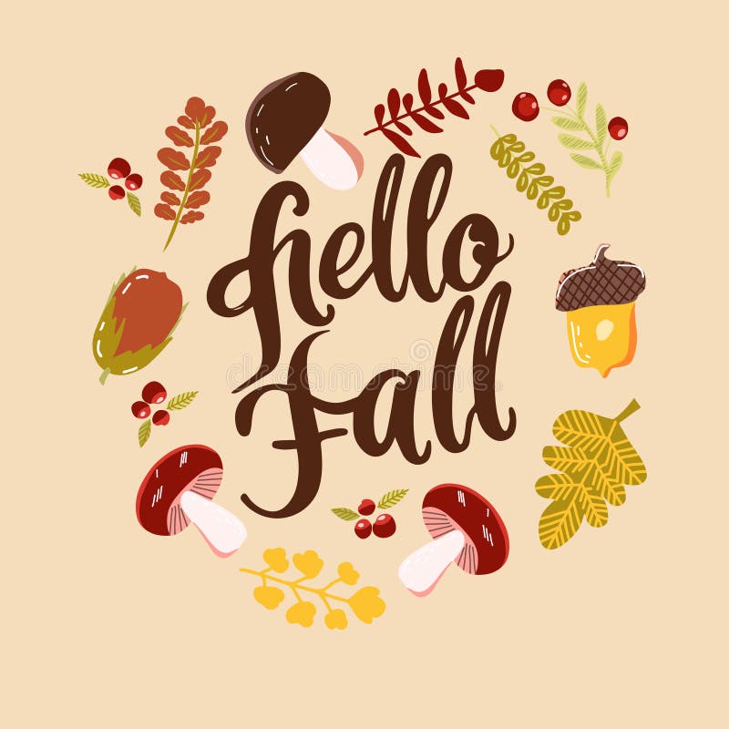 Hello Fall Lettering, Autumn Decorative Vector Card Stock Illustration ...