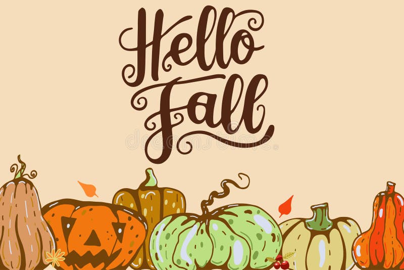 Hello Fall Lettering, Autumn Decorative Vector Card Stock Illustration ...