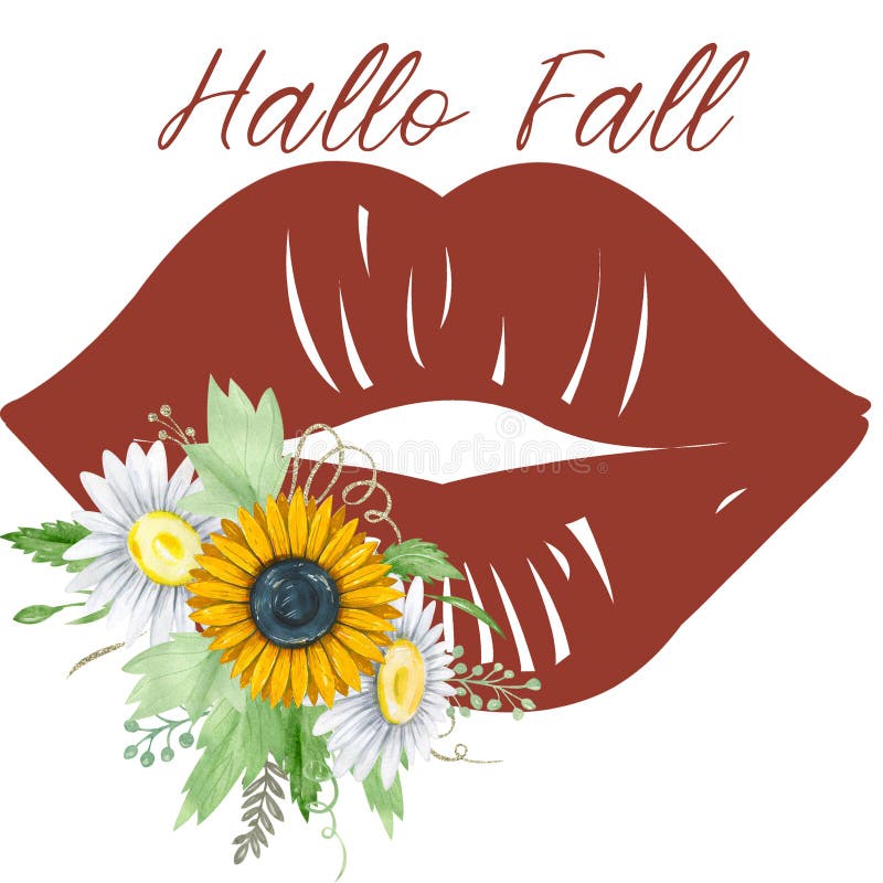 Hello Fall Lips with Sunflowers Illustration. Autumn Sublimation Design ...