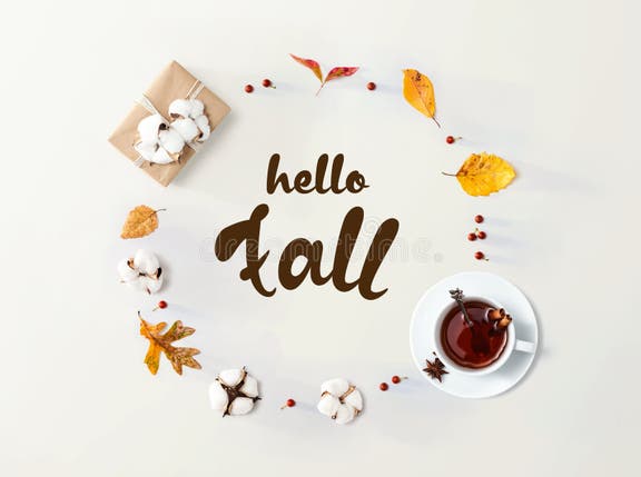 Hello Fall Message with Autumn Leaves and Tea Stock Photo - Image of ...