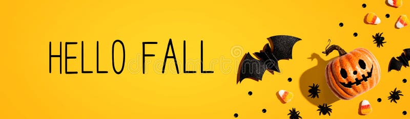 Hello Fall Message with Halloween Decorations Stock Image - Image of ...