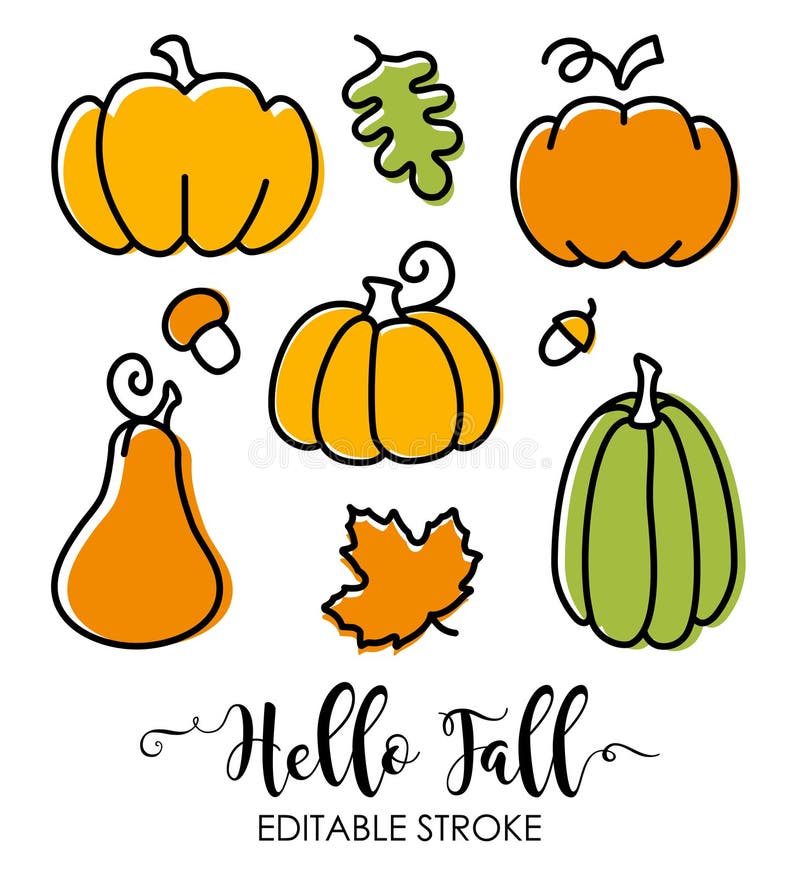 Hello Fall. a Set of Flat Icons with Editable Outline of Pumpkins and ...