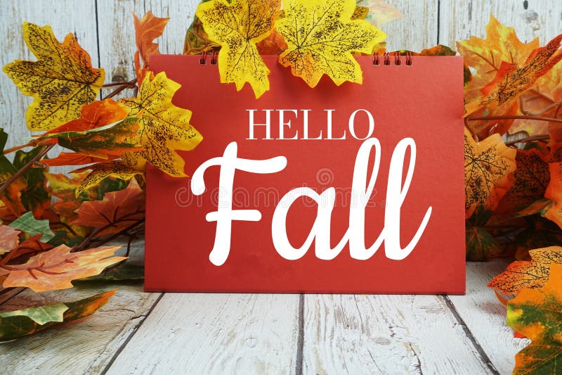 Hello Fall Text Message with Maple Leaves on Wooden Background Stock ...