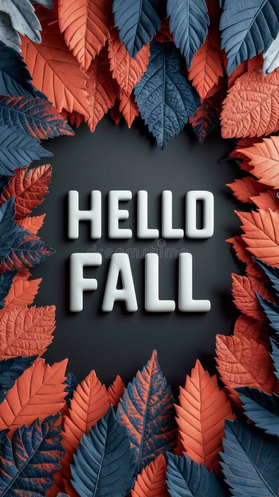 Hello Fall: Vibrant Red and Blue Autumn Leaves Bordering Bold Text Stock Photo - Image of border ...