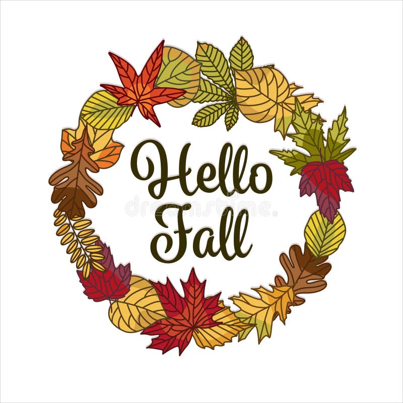 Hello Fall Autumn Leaves Wreath Round Frame Template Stock Vector ...