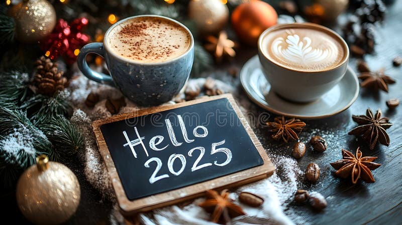 Hello 2025: Festive Coffee and Cozy Winter Decor - Photo Stock Photo ...