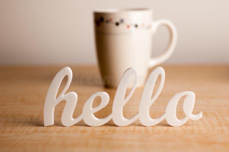 Hello with Coffee Mugs stock image. Image of writing - 25730703