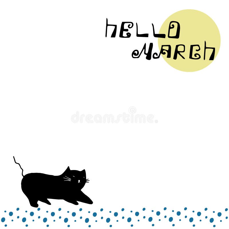 Hello Hand Lettering Postcard with Black Cat. Stock Vector ...