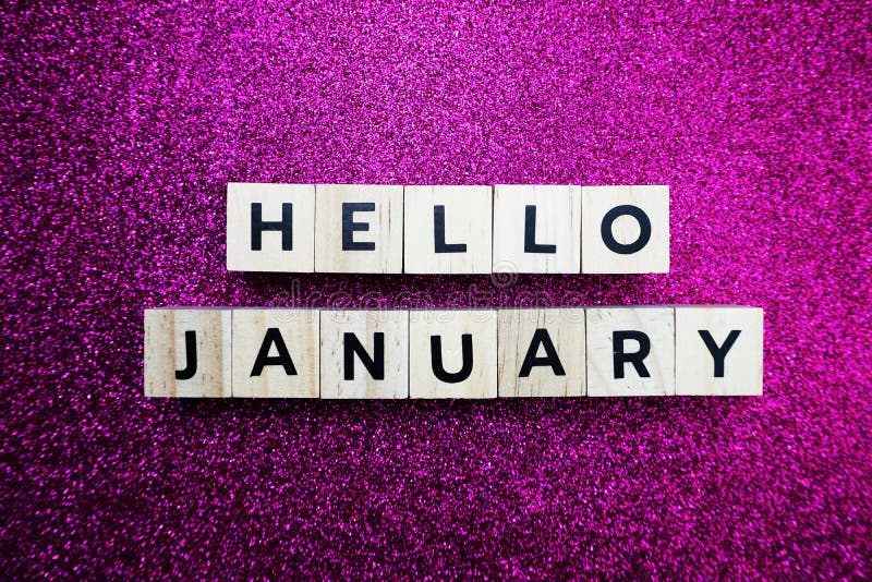 Hello January Alphabet Letters on Purple Glitter Background Stock Image ...