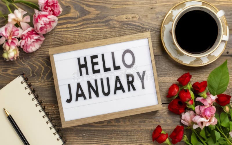 Hello January Greeting Card Stock Illustration - Illustration of coffee ...