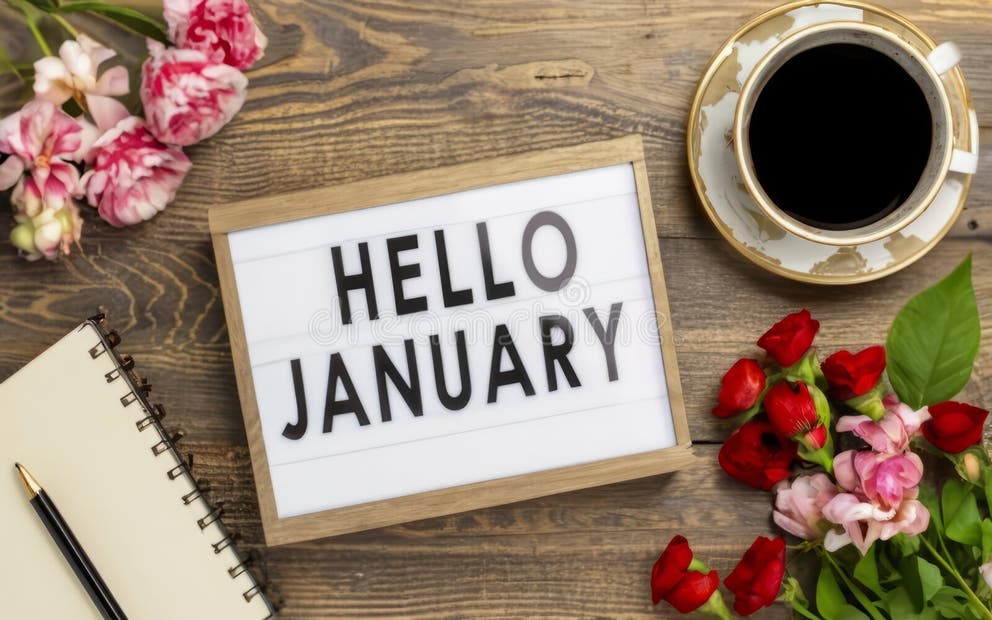 Hello January Greeting Card Stock Illustration - Illustration of coffee ...