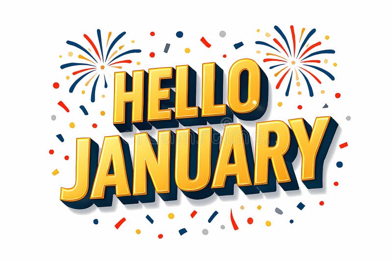 Hello January Greeting with Fireworks and Confetti Stock Illustration ...