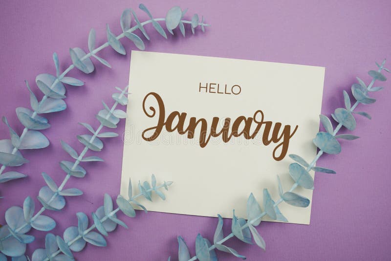 Hello January Typography Text on Paper Card Decorate with Eucalyptus on ...