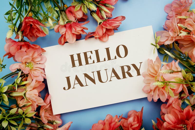 Hello January Text with Flower Frame on Blue Background Stock Image ...