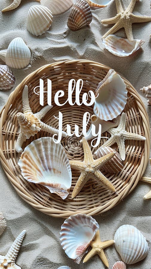 Hello July Text in Circle of Sea Shells. Title Concept, Vertical Stock ...