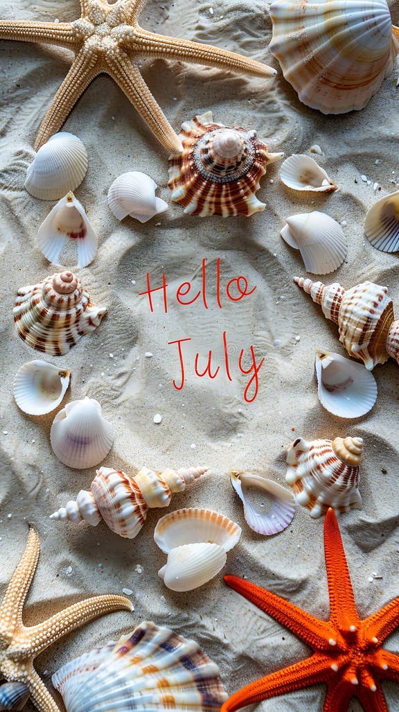 Hello July Text in Circle of Sea Shells. Title Concept, Vertical Stock ...