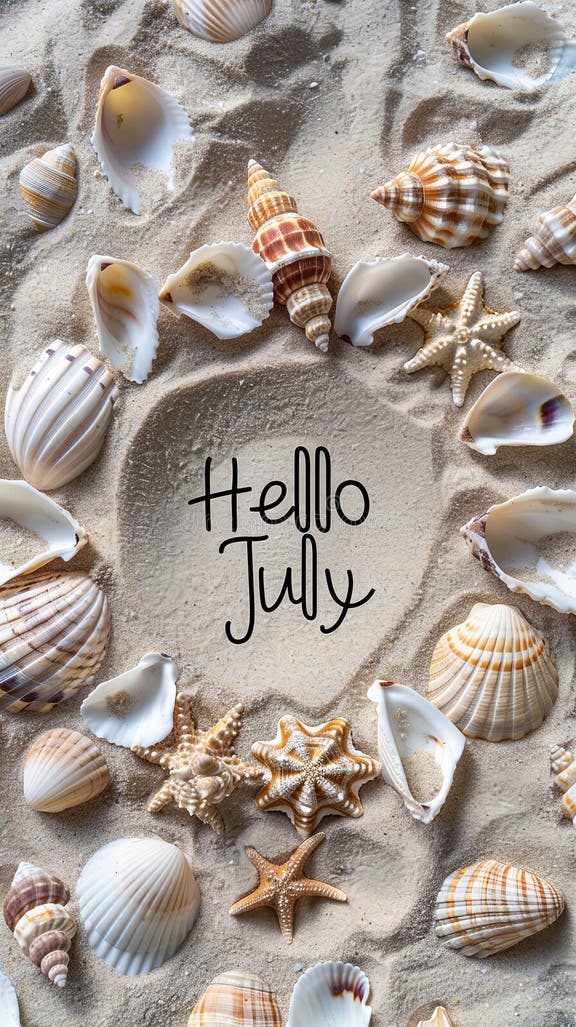 Hello July Text in Circle of Sea Shells. Title Concept, Vertical Stock ...