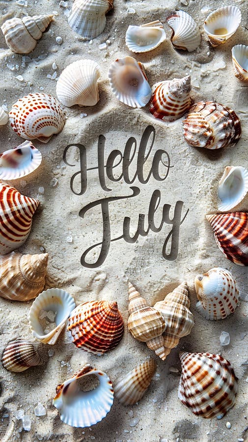 Hello July Text in Circle of Sea Shells. Title Concept, Vertical Stock ...