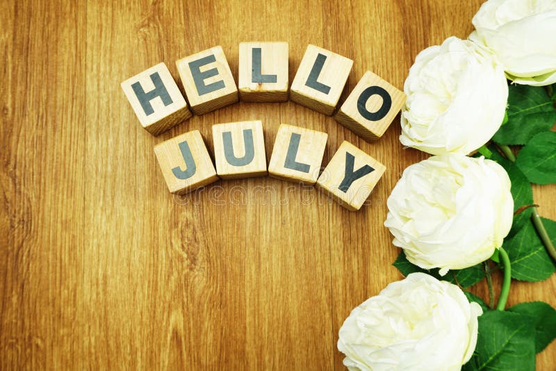 Hello July with Tulip Flower on Wooden Background Stock Image - Image ...