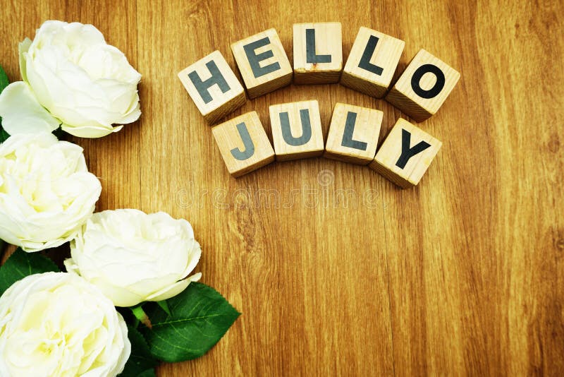 Hello July with Tulip Flower on Wooden Background Stock Image - Image ...