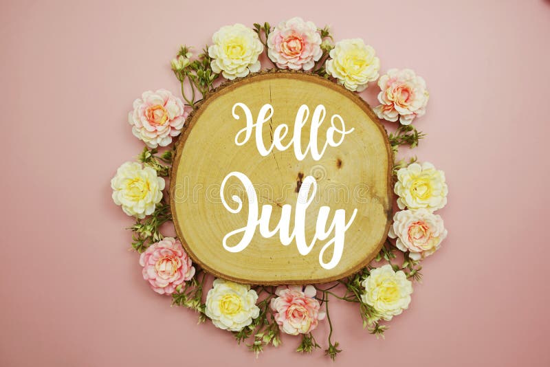 Hello July Typography Text Decorate with Flower on Pink Background ...