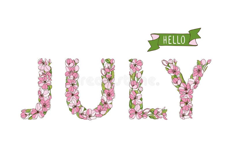 Hello July. Letters of Apple Tree Flowers Stock Vector - Illustration ...