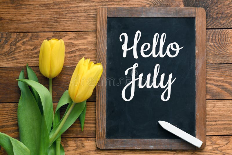 HELLO JULY Words Written on a Chalk Board Stock Photo - Image of ...