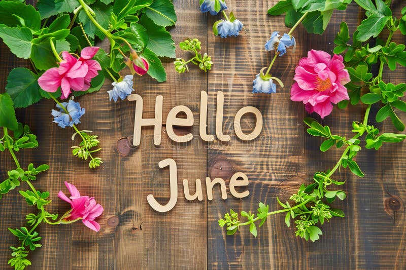 Hello June Alphabet Letters with Flowers Frame on Wooden Background ...