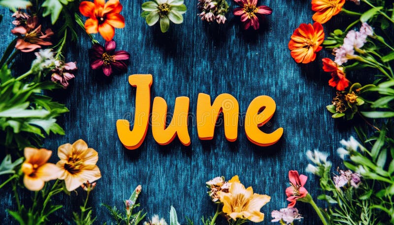 Hello June - Vibrant Wildflower Frame on Rustic Blue Background ...