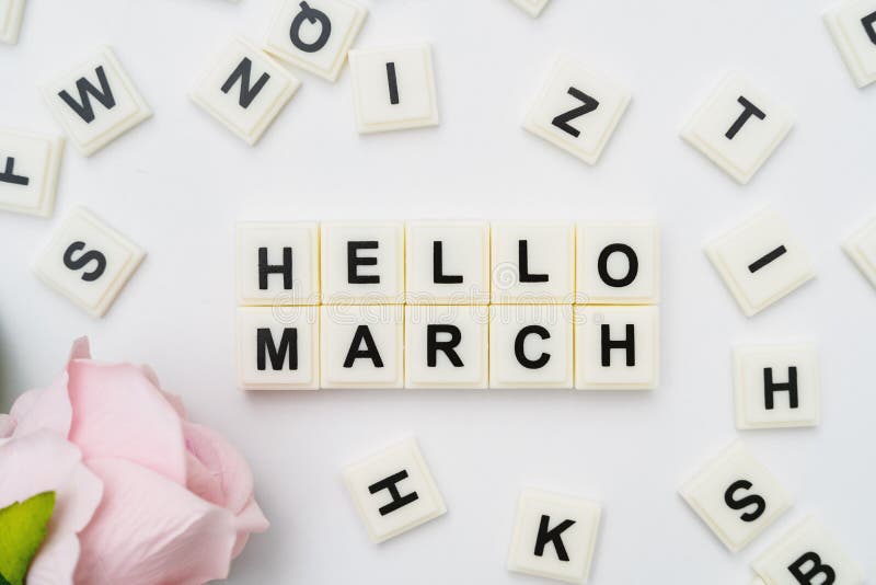 Hello March. Alphabet Blocks and Flower Stock Image - Image of note ...